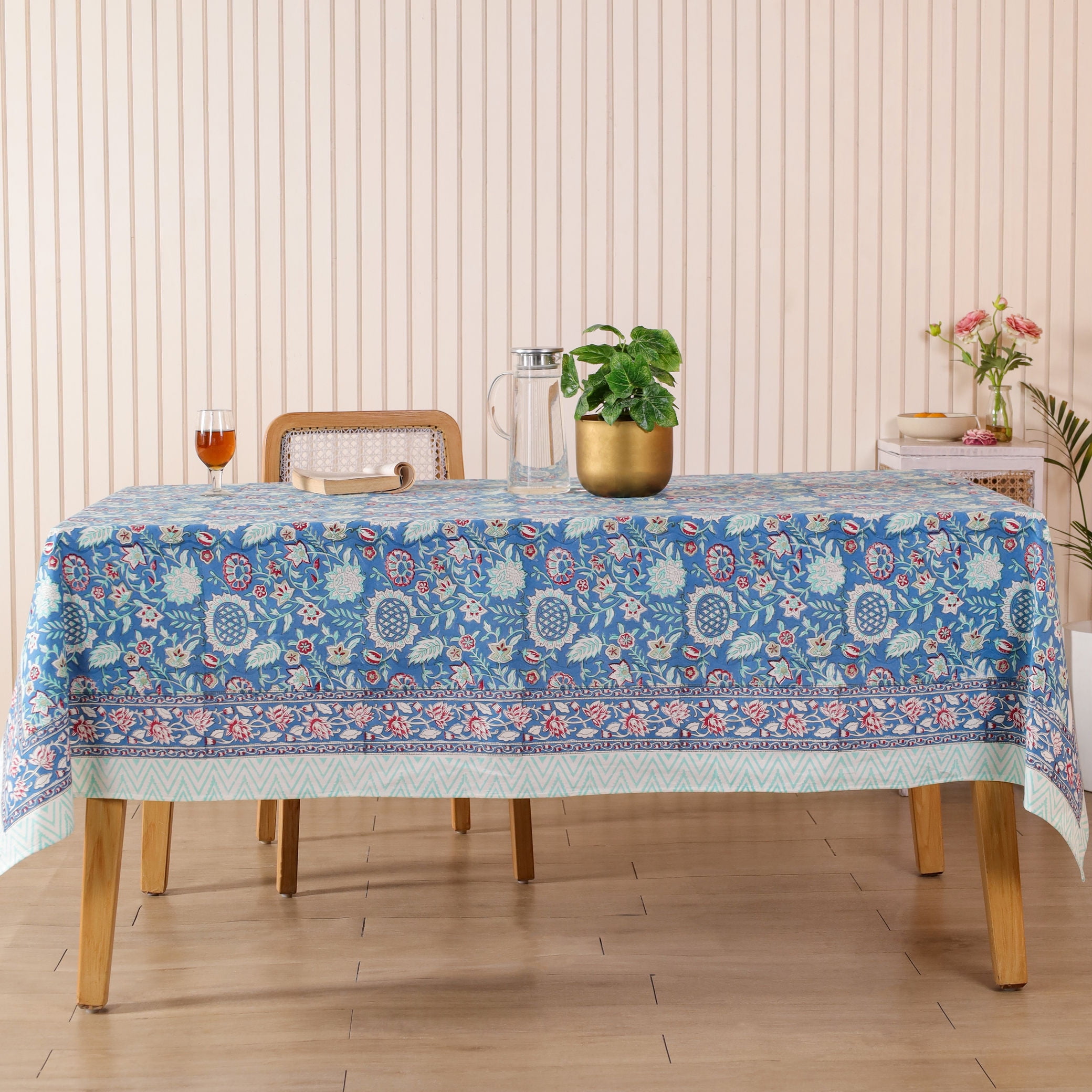 Blue Floral Hand Block Printed Cotton Tablecloth – Traditional Indian ...