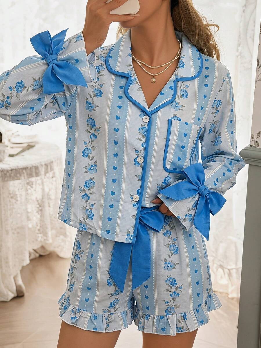 Blue Floral Heart Striped Lapel Cardigan With Bow Sleeves And Ruffle ...