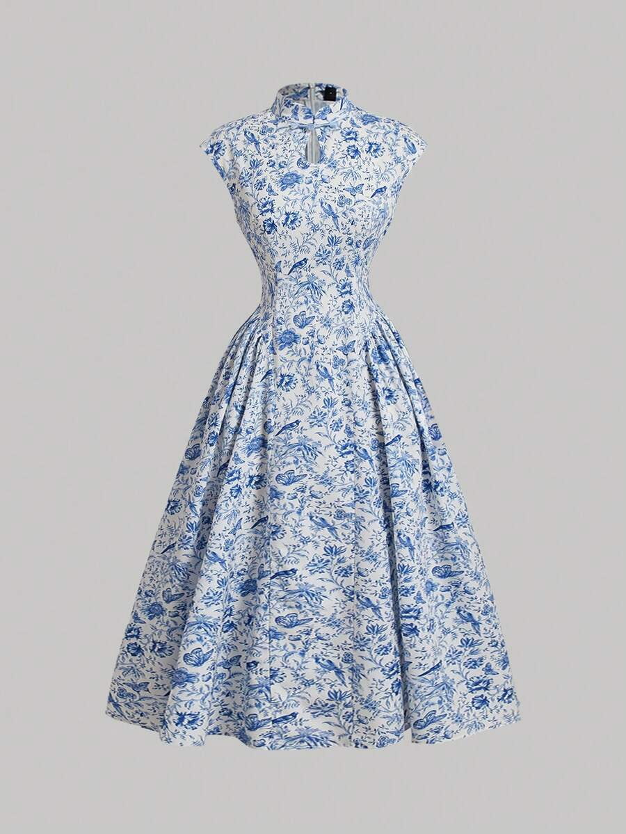 Blue Floral High-Neck Sleeveless Fit & Flare Dress With Keyhole Detail ...