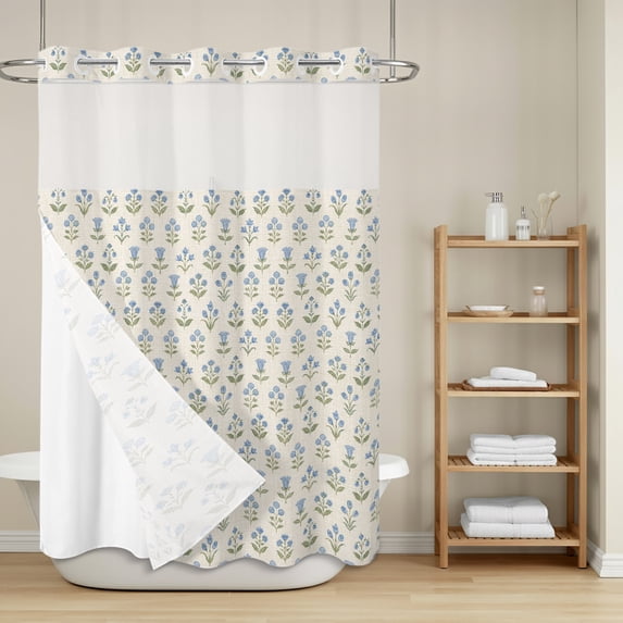 Blue Floral No Hook Shower Curtain with Snap in Liner, Vintage Country ...