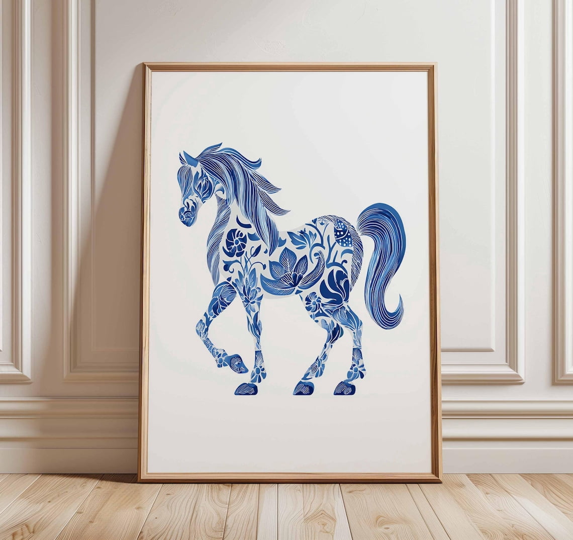 Blue Floral Horse Modern Botanical Animal Equestrian Living Room Decor ...
