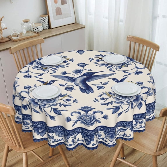 Blue Floral Hummingbird Patte Round Tablecloth Waterproof Oil-Proof ...