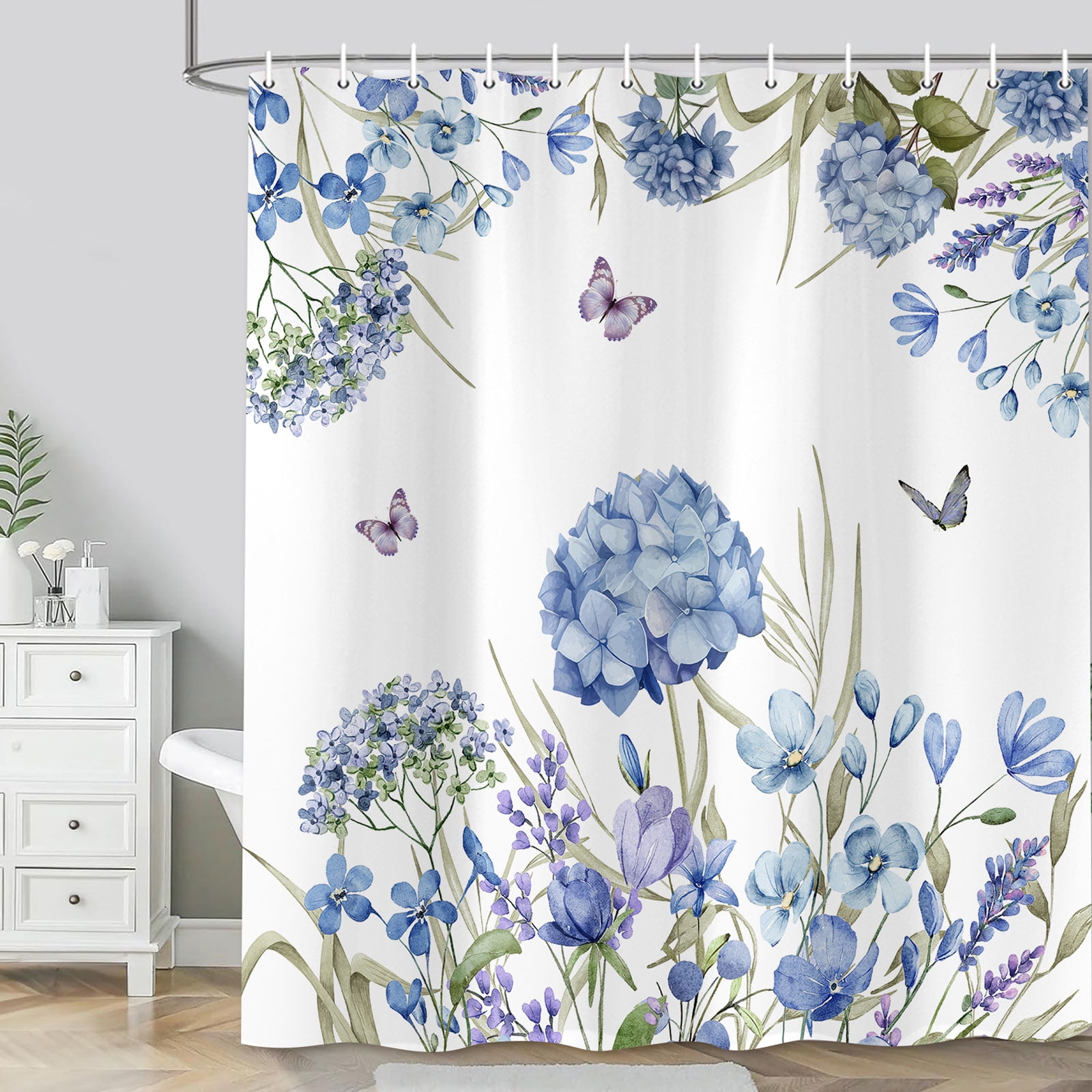 Blue Floral Hydrangea Shower Curtain,Cute Butterfly Plants Shower ...