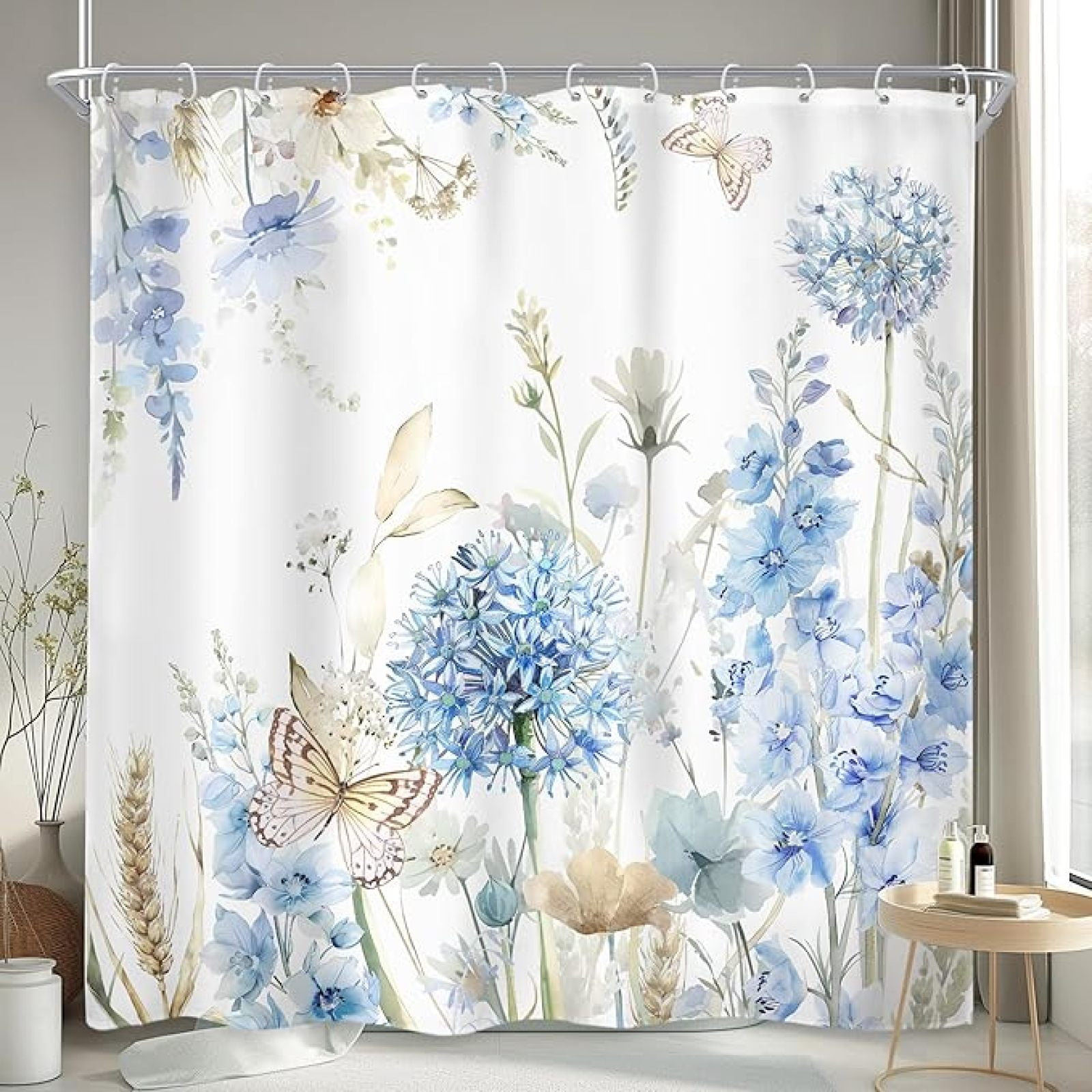 Blue Floral Hydrangea Shower Curtain Cute Butterfly Plants Farmhouse ...