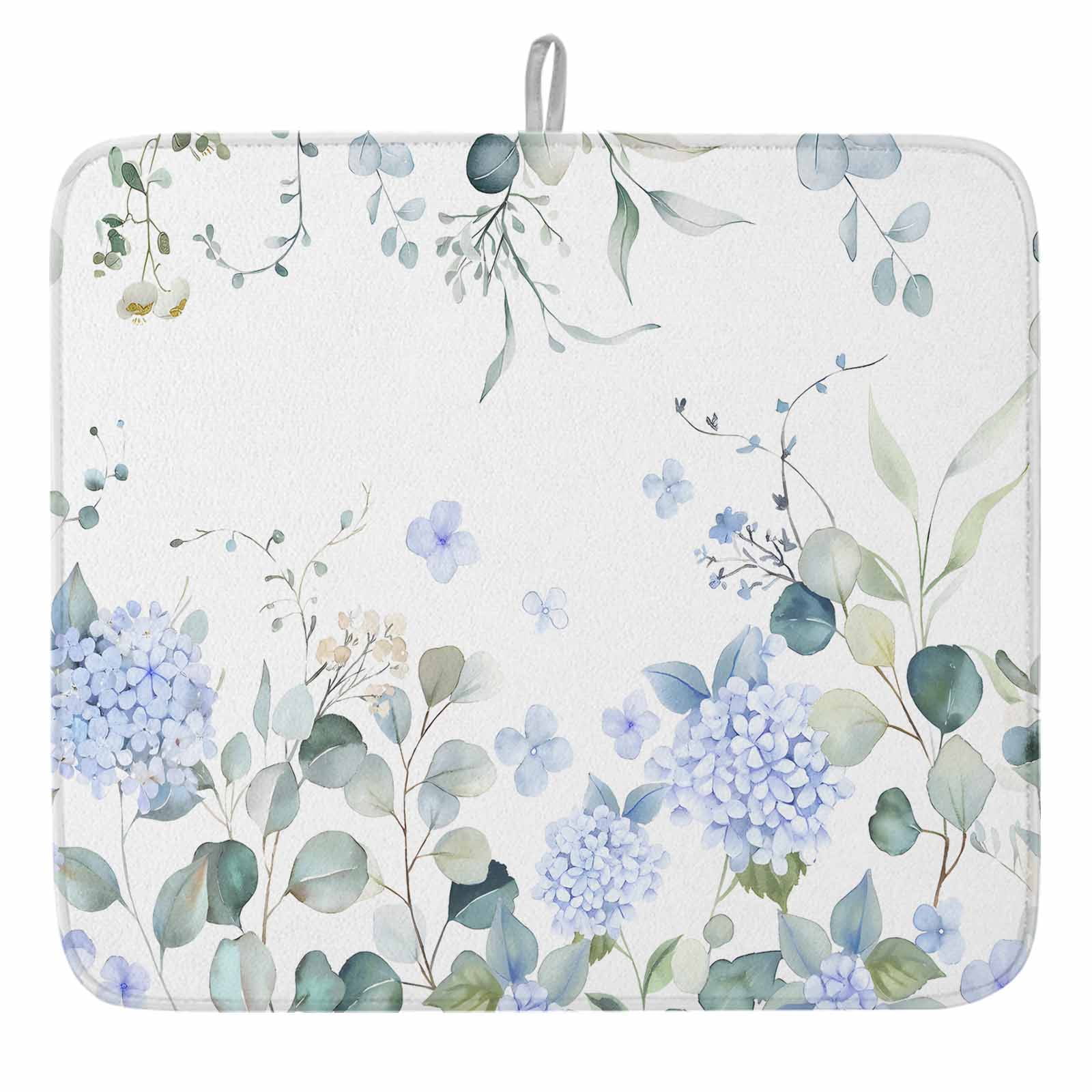 Blue Floral Hydrangeas Dish Drying Mat, Rustic Green Leaves Absorbent ...