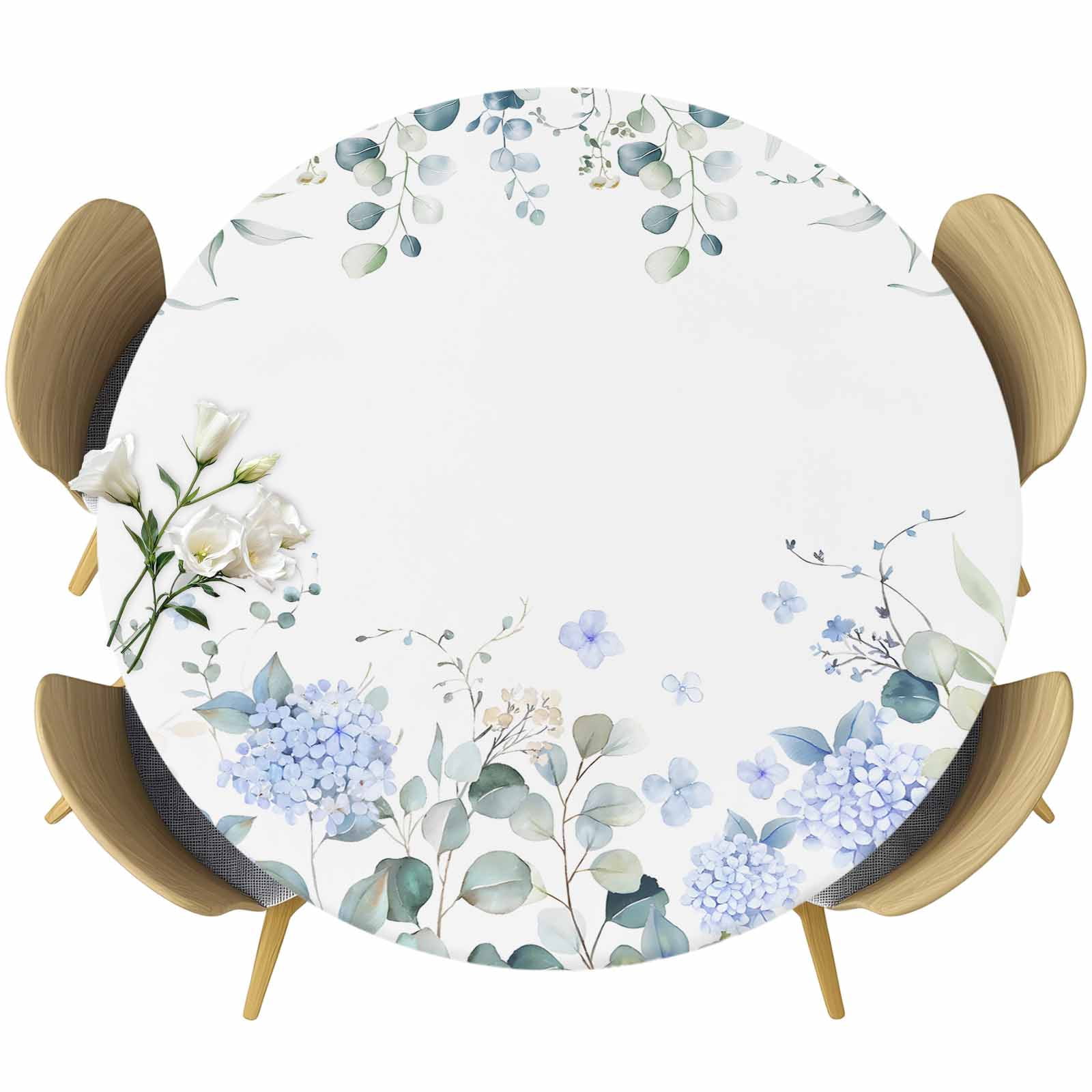Blue Floral Hydrangeas Fitted Round Tablecloth Rustic Green Leaves ...
