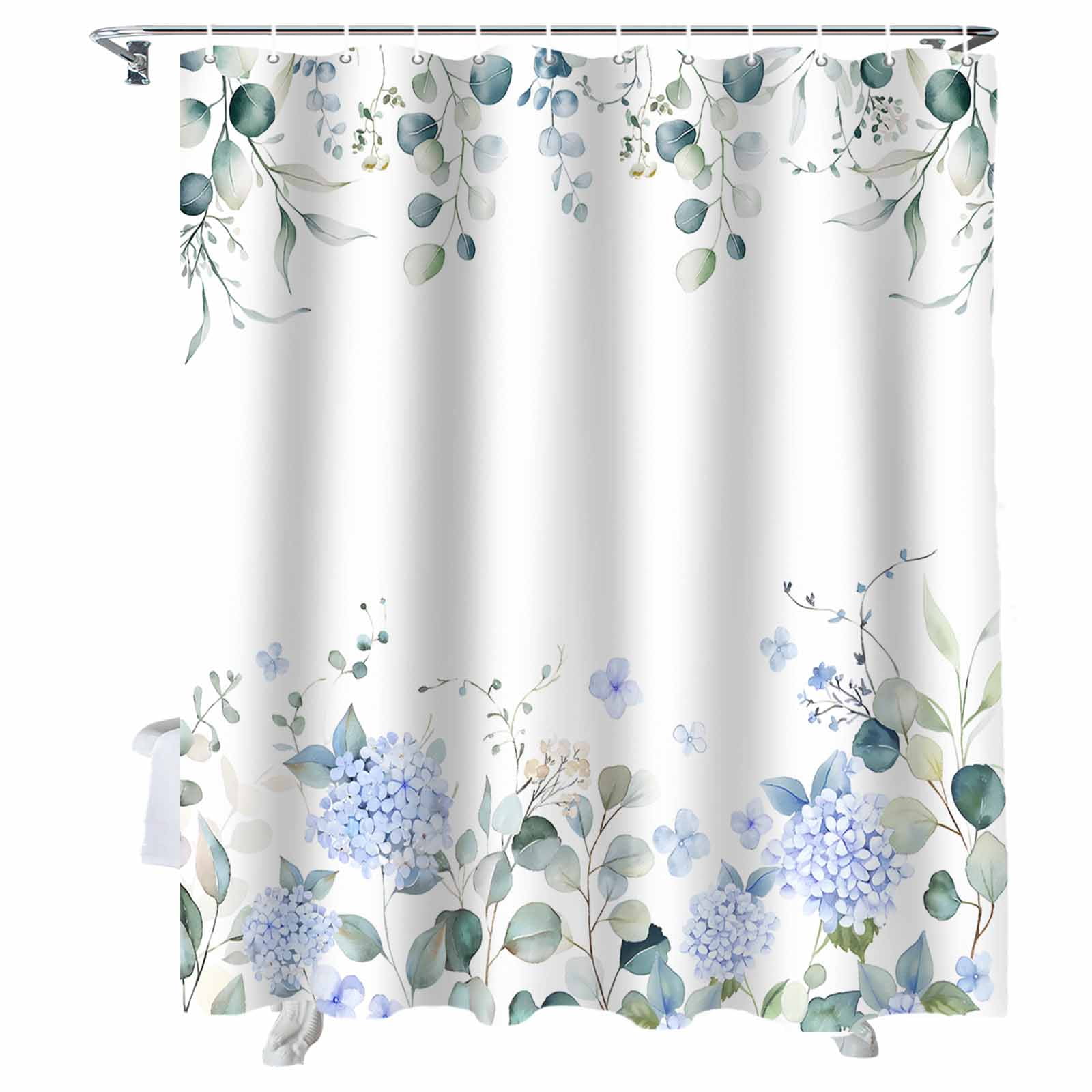 Blue Floral Hydrangeas Shower Curtain, Rustic Green Leaves Shower ...