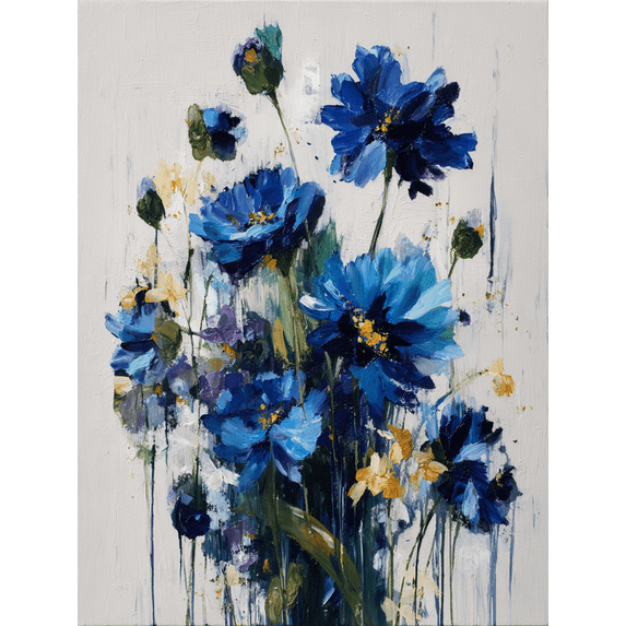 Blue Floral Impasto Oil Painting Canvas Print, Suitable for Living Room ...