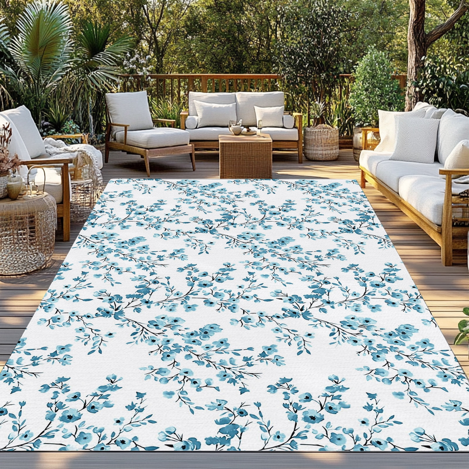 Blue Floral Indoor Outdoor Rugs 5x8 Ft, Watercolor Flower Leaves Bud ...