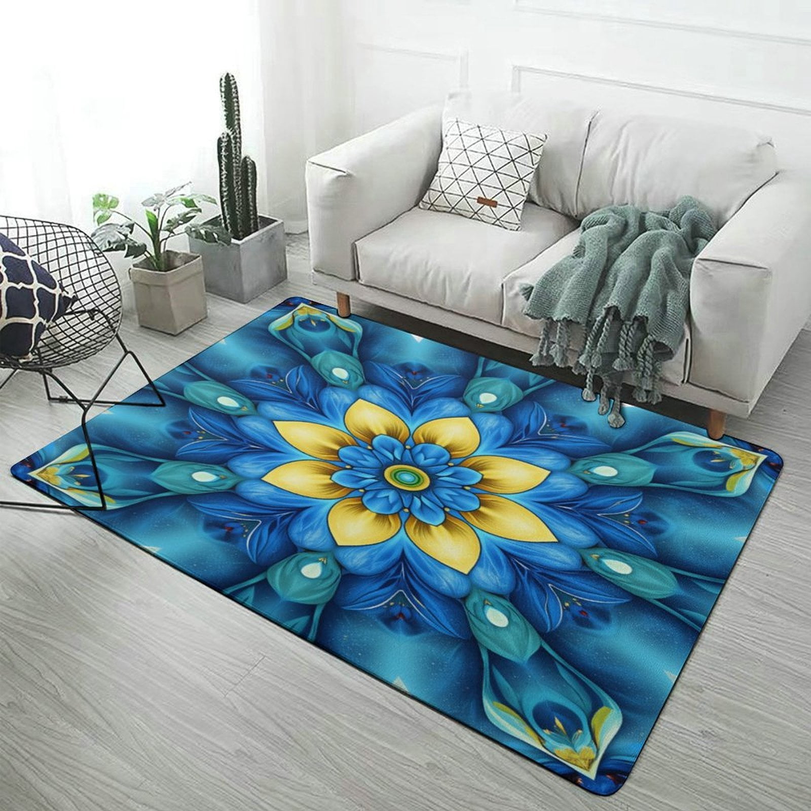 Blue Floral Kaleidoscope Print Carpet for Home Decoration Soft Comfy ...