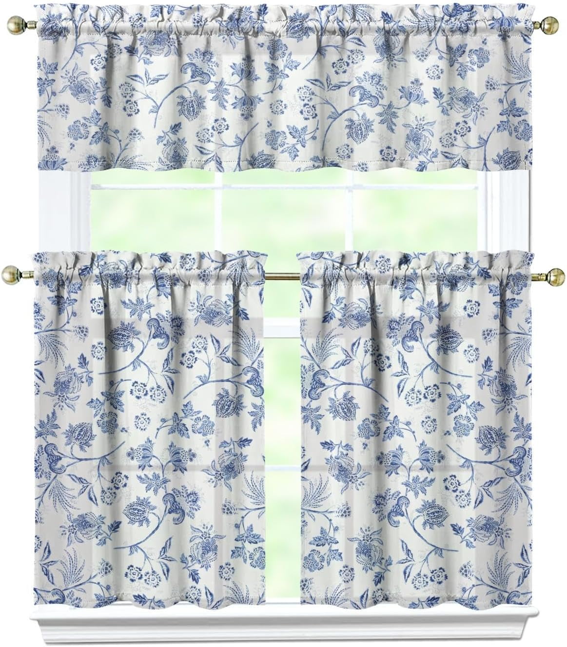 Blue Floral Kitchen Curtain Valance 3 Piece Set, French Farmhouse ...