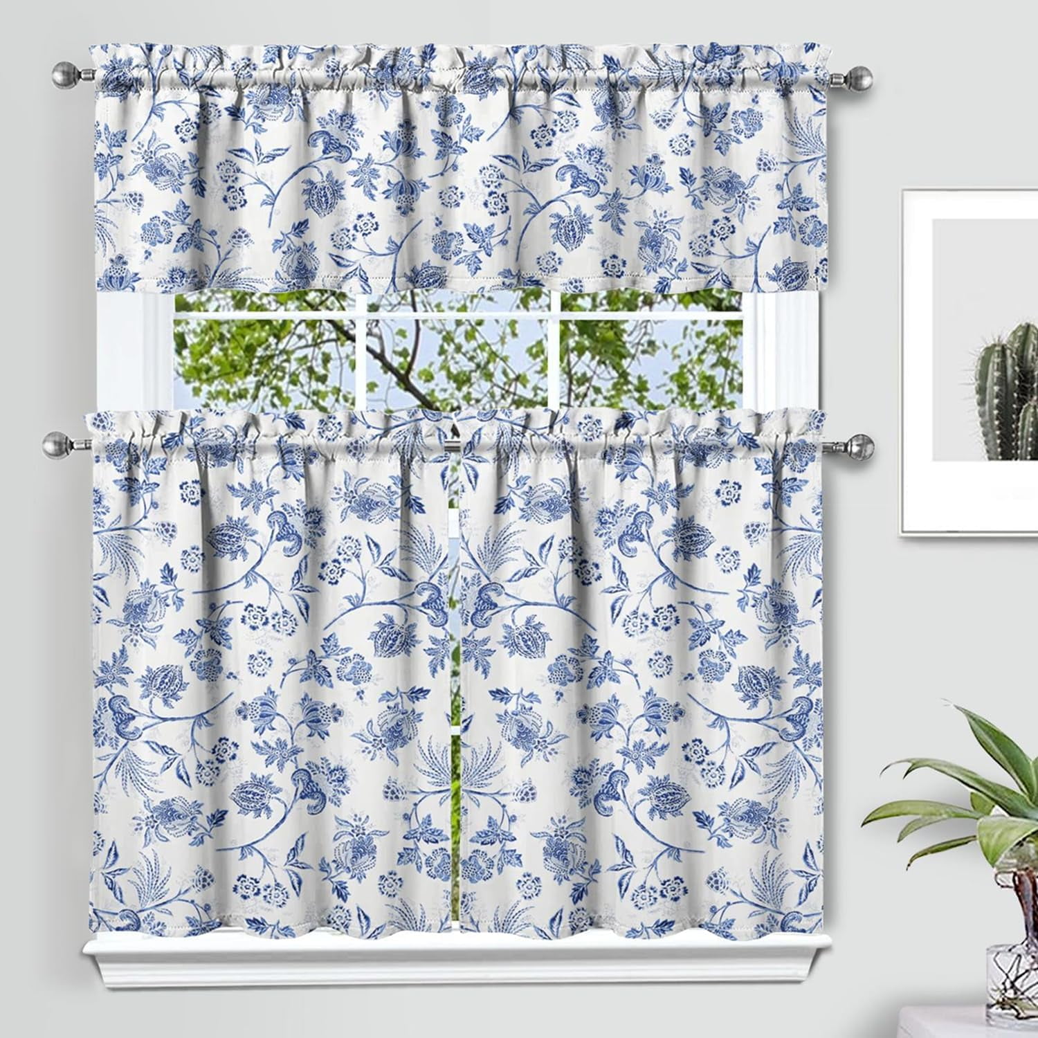 Blue Floral Kitchen Curtain Valance 3 Piece Set, French Farmhouse ...