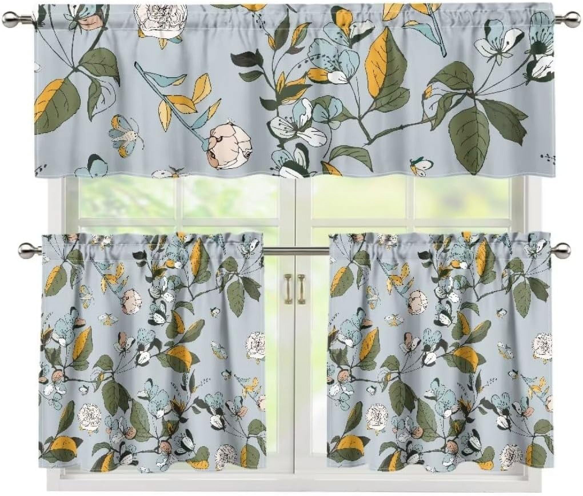 Blue Floral Kitchen Curtain Valance and Tiers Set Light Filtering 36 ...