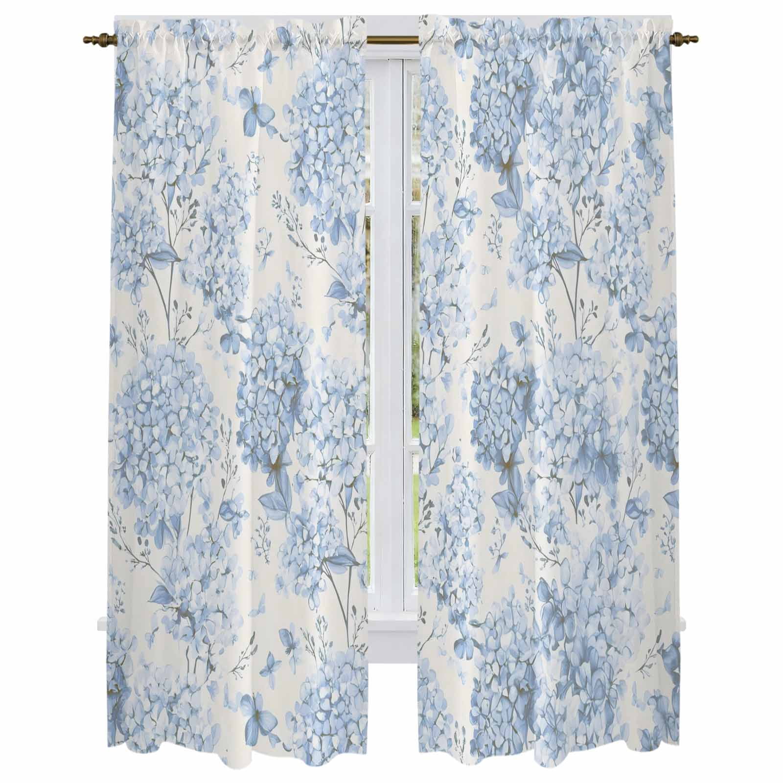 Blue Floral Kitchen Curtains, Garden Petals Flower Botanical Tree ...