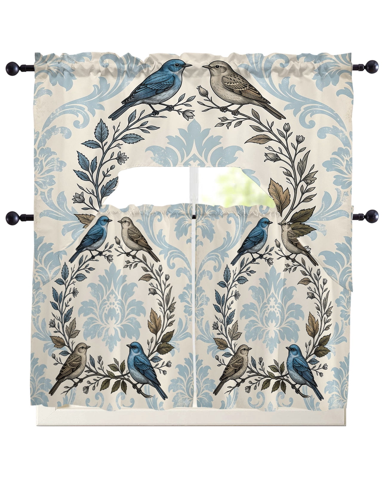 Blue Floral Kitchen Curtains Set for Windows 3 Piece Cafe Curtains 36 ...