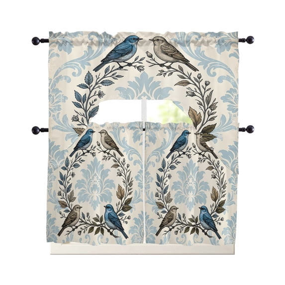 Blue Floral Kitchen Curtains Set for Windows 3 Piece Cafe Curtains 36 ...