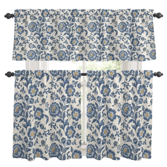 Blue Floral Kitchen Curtains Set for Windows, Oriental Traditional ...