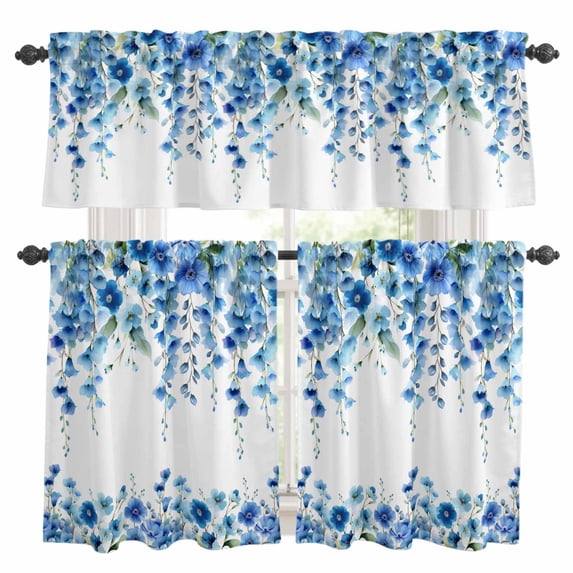 Blue Floral Kitchen Curtains Set for Windows, Watercolor Spring ...