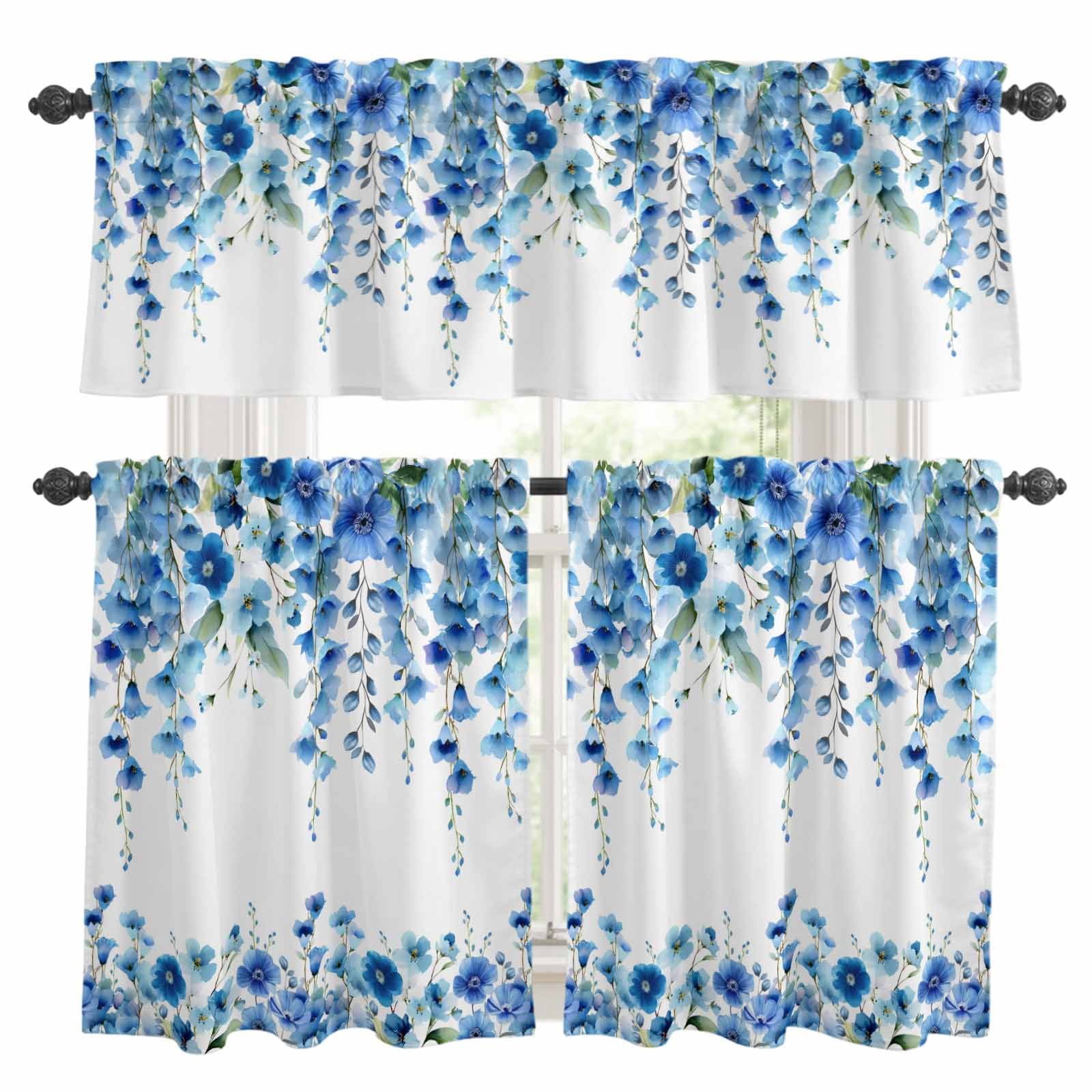Blue Floral Kitchen Curtains Set for Windows, Watercolor Spring ...