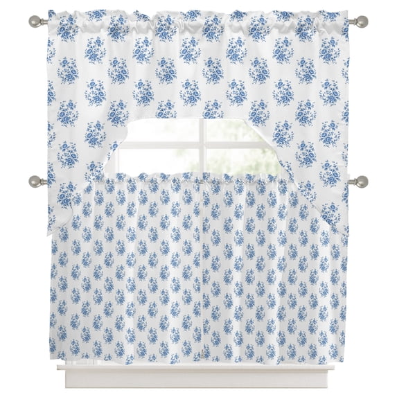 Blue Floral Kitchen Curtains Swag Valance and Tier Curtains Set 36 Inch ...