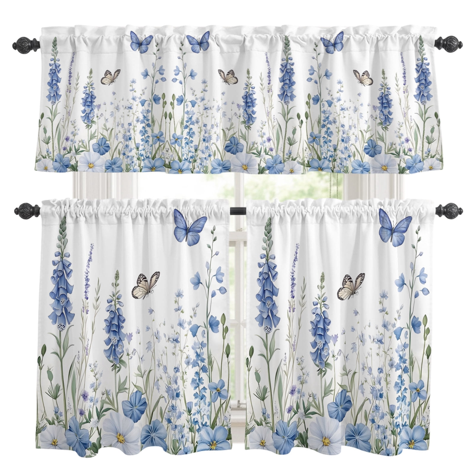 Blue Floral Kitchen Curtains Valance and Tier Set Spring Wildflowers ...