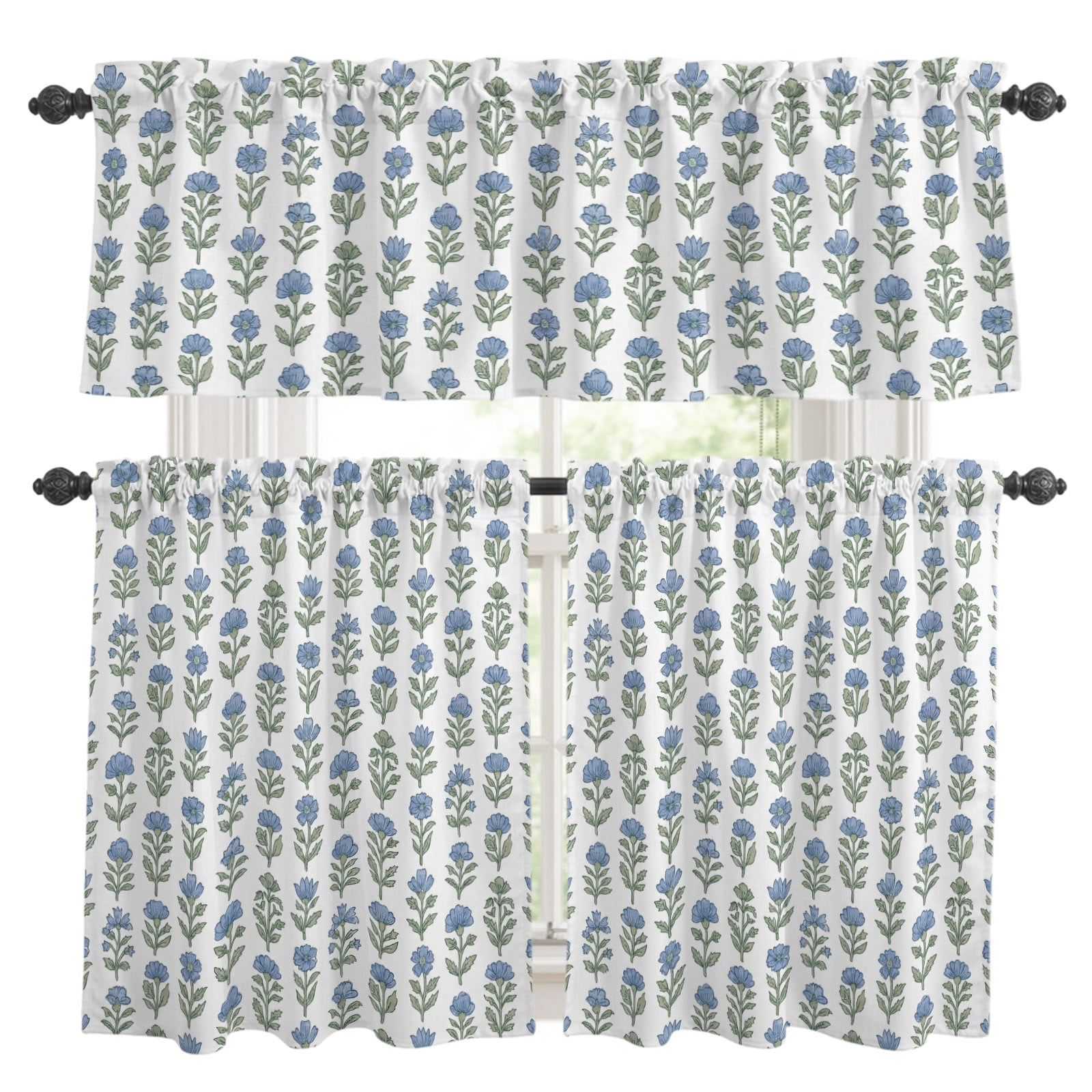 Blue Floral Kitchen Curtains Valances 3 Piece Set, Country Watercolor ...