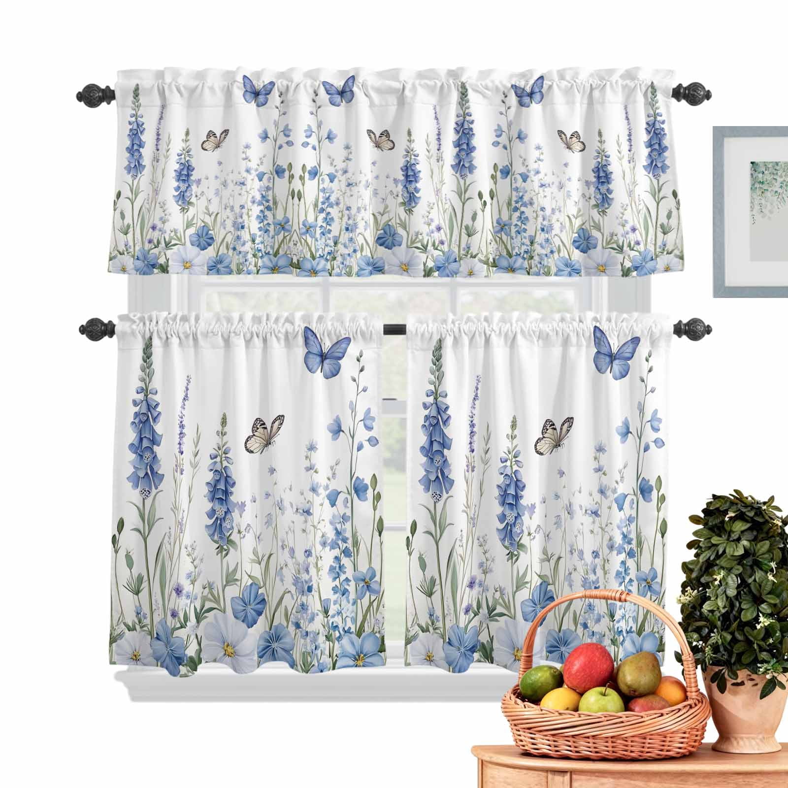 Blue Floral Kitchen Curtains Valances 3 Piece Set, Spring Wildflowers ...