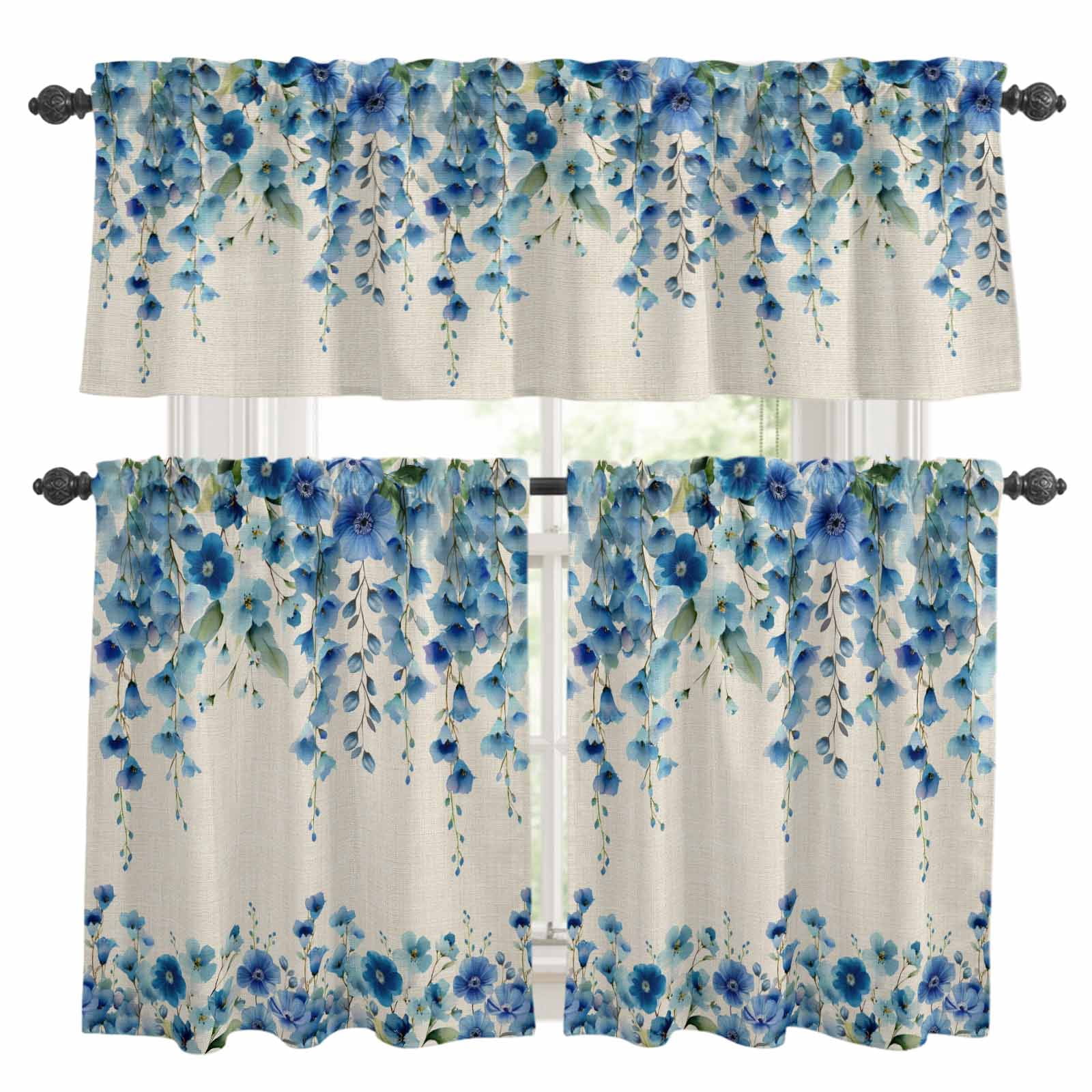 Blue Floral Kitchen Curtains and Valances Set, Watercolor Spring ...