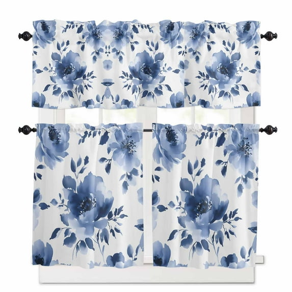 Blue Floral Kitchen Curtains Valances and Tiers Set of 3 Spring Blue ...