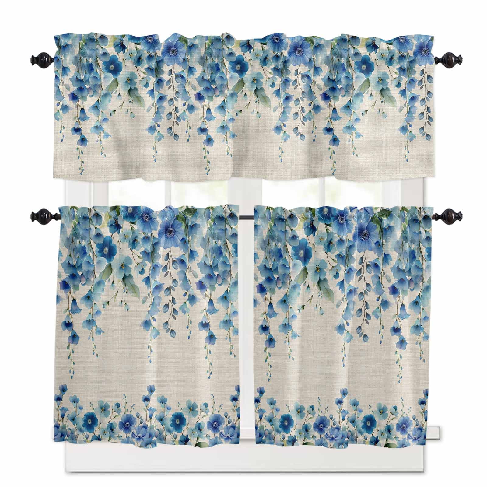 Blue Floral Kitchen Curtains Valances and Tiers Set of 3 Watercolor ...