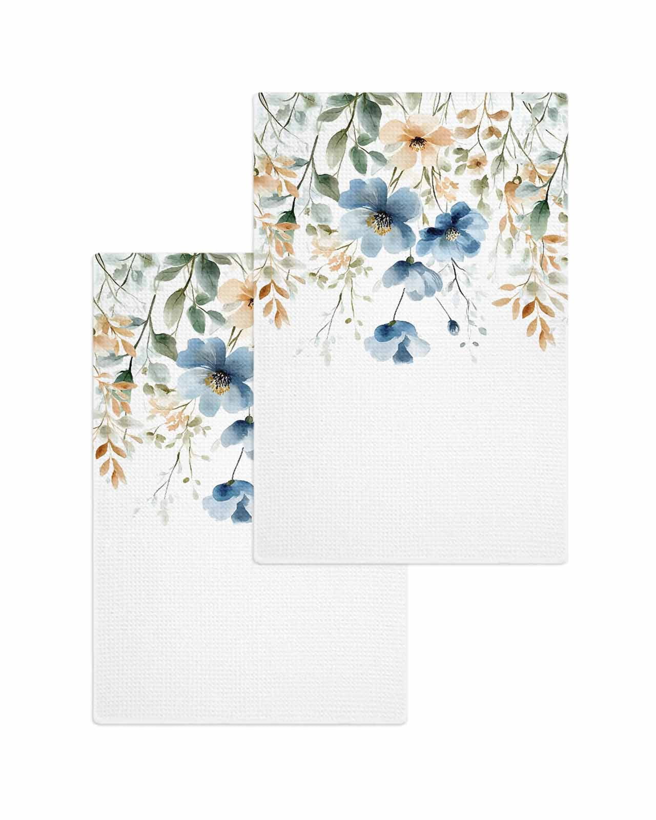 Blue Floral Kitchen Dish Towels for Drying Dishes Set of 2, Sage Green ...