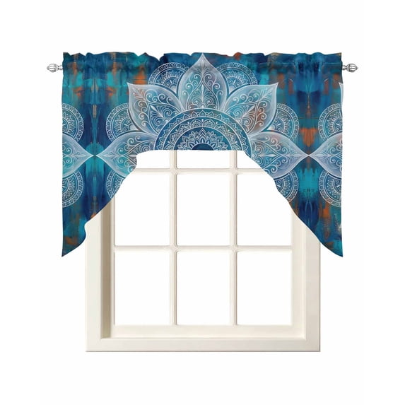 Blue Floral Kitchen Swag Valances for Windows, Geometric Flowers Modern ...