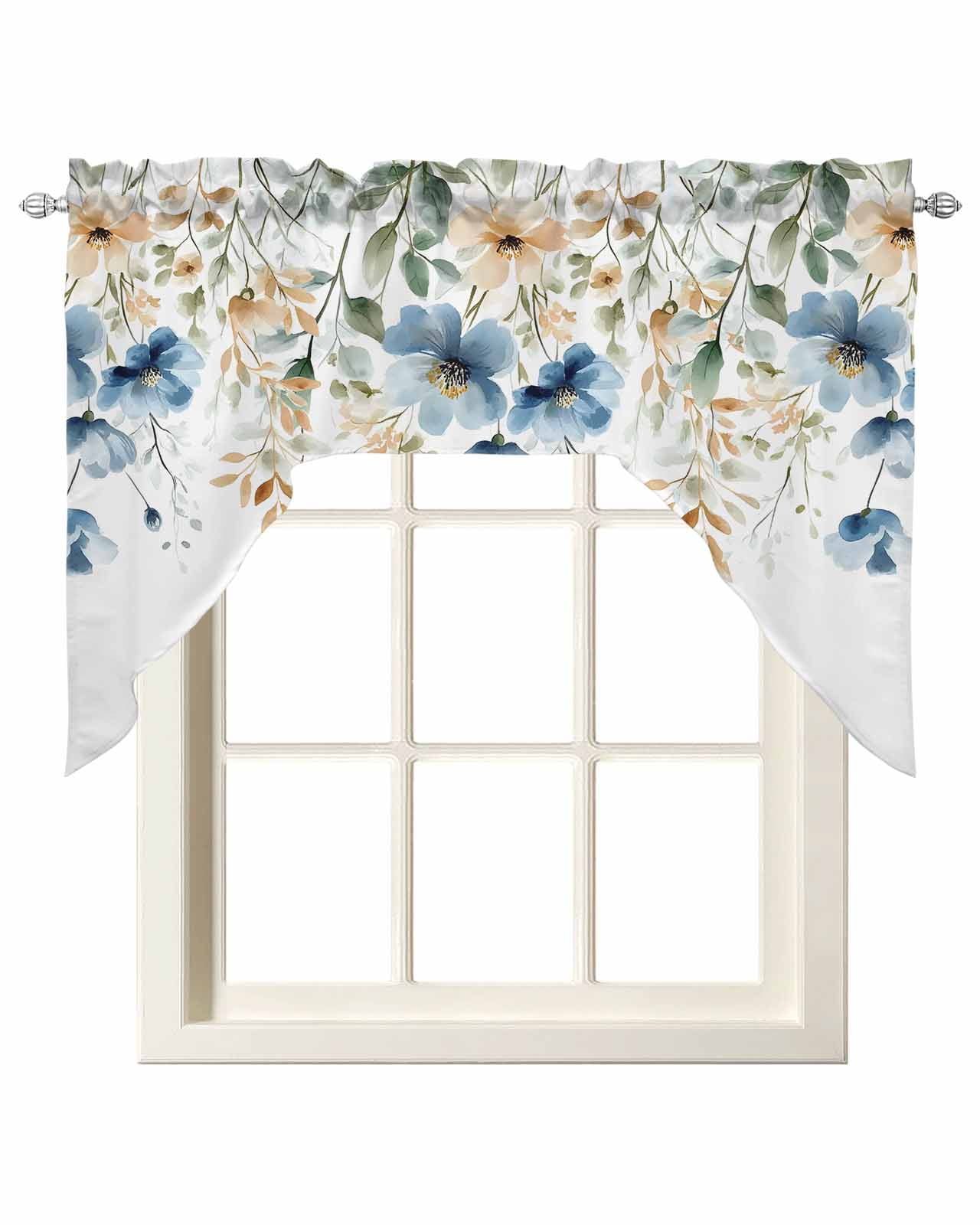 Blue Floral Kitchen Swag Valances for Windows, Sage Green Leaf ...