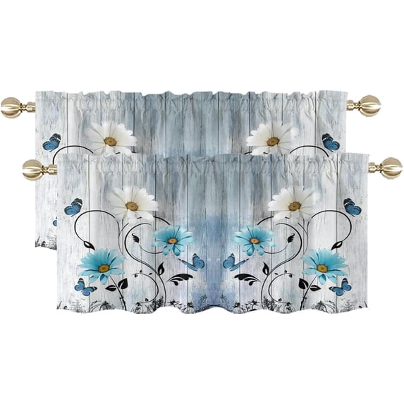 Blue Floral Kitchen Valances 54 x 18 L 2 Panels, White Daisy Small ...