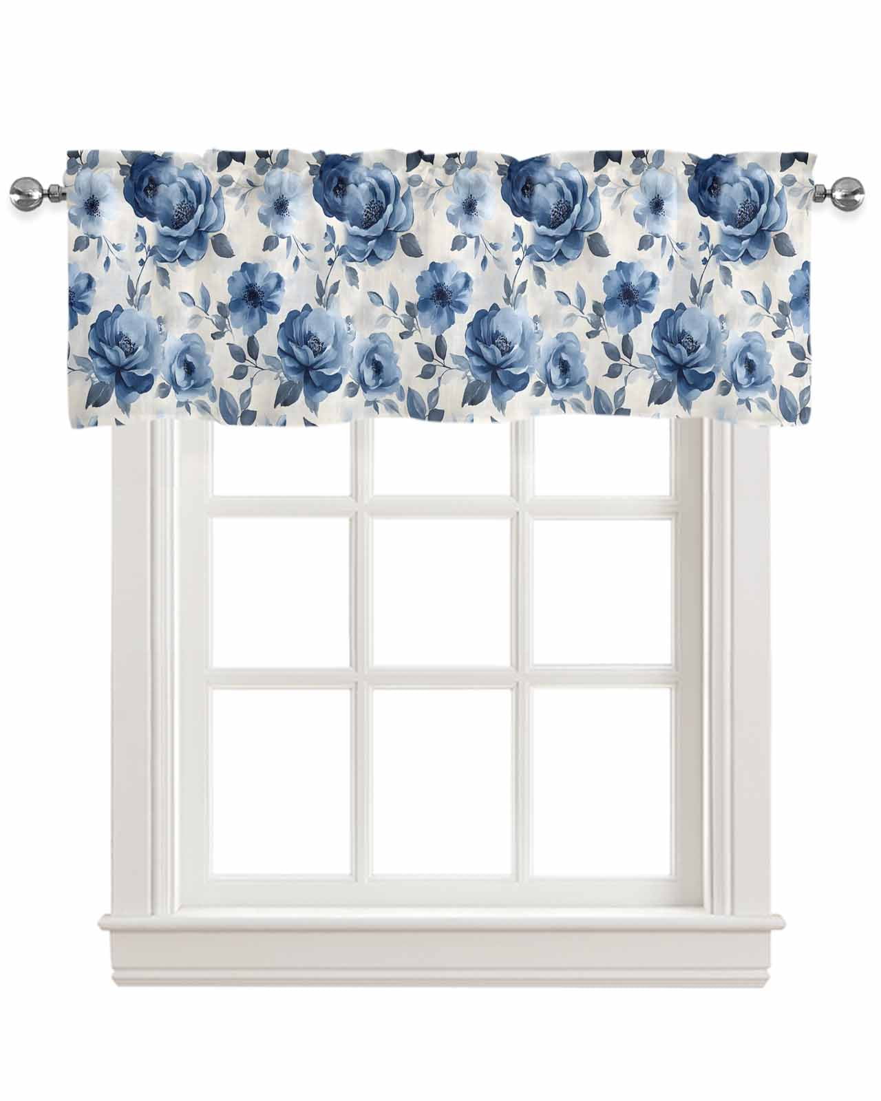 Blue Floral Kitchen Valances for Windows Farmhouse Linen Window Valance ...