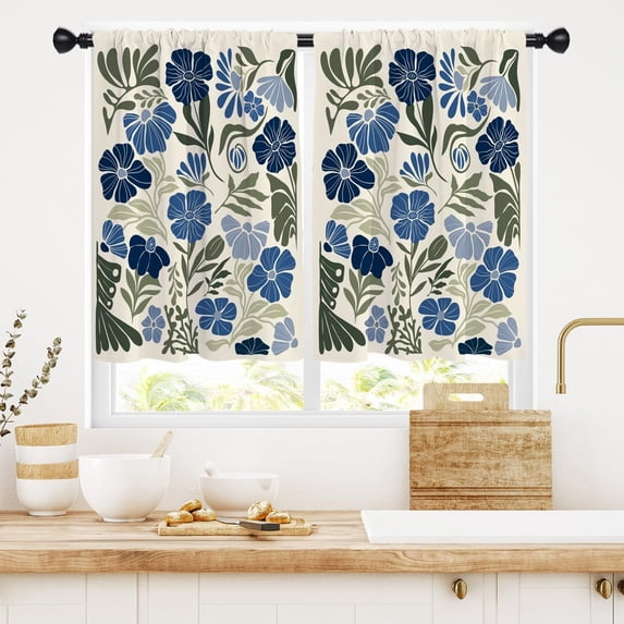 Blue Floral Kitchen Window Curtain Panels Short Small Cafe Mini ...