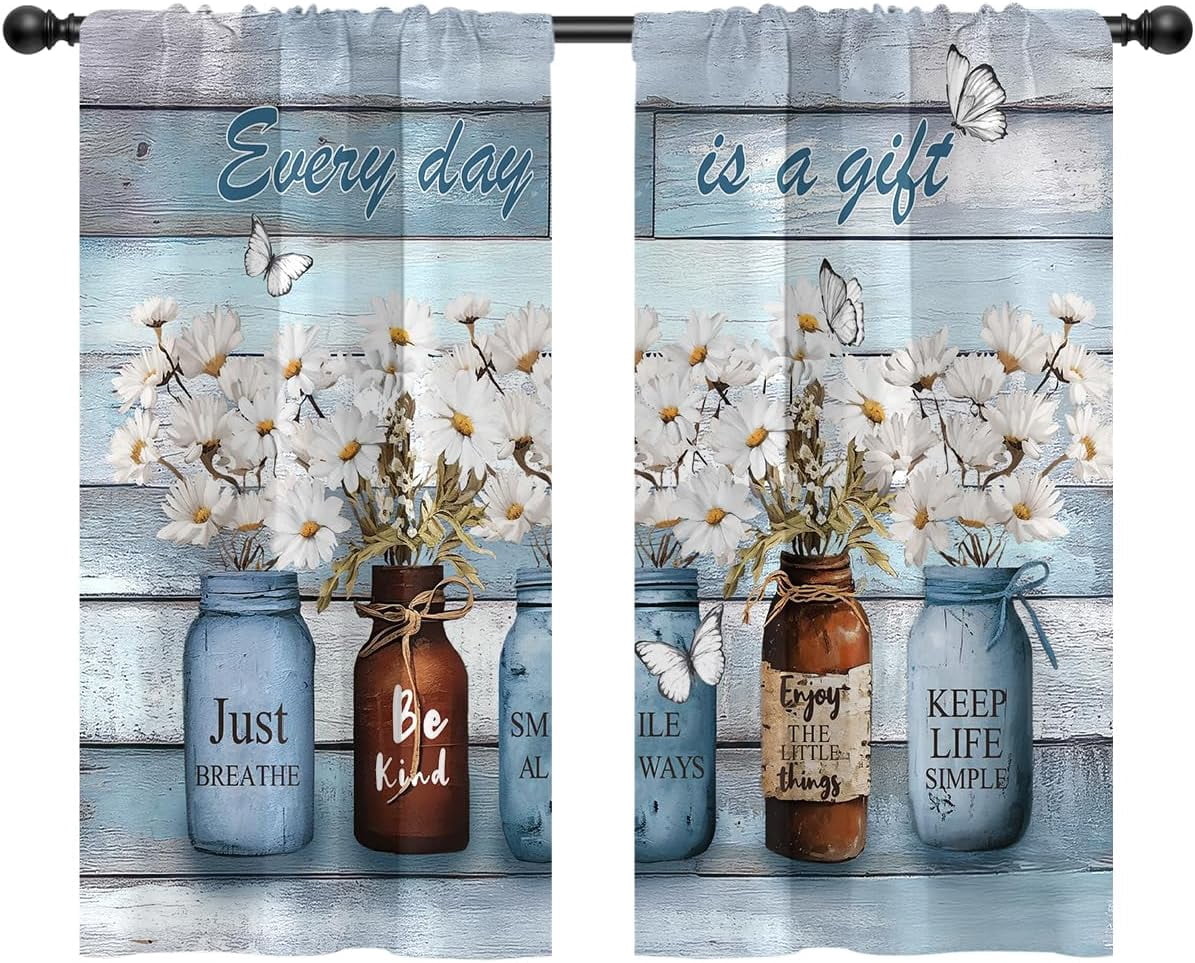 Blue Floral Kitchen Window Curtains Rod Pocket Small Short Cafe ...