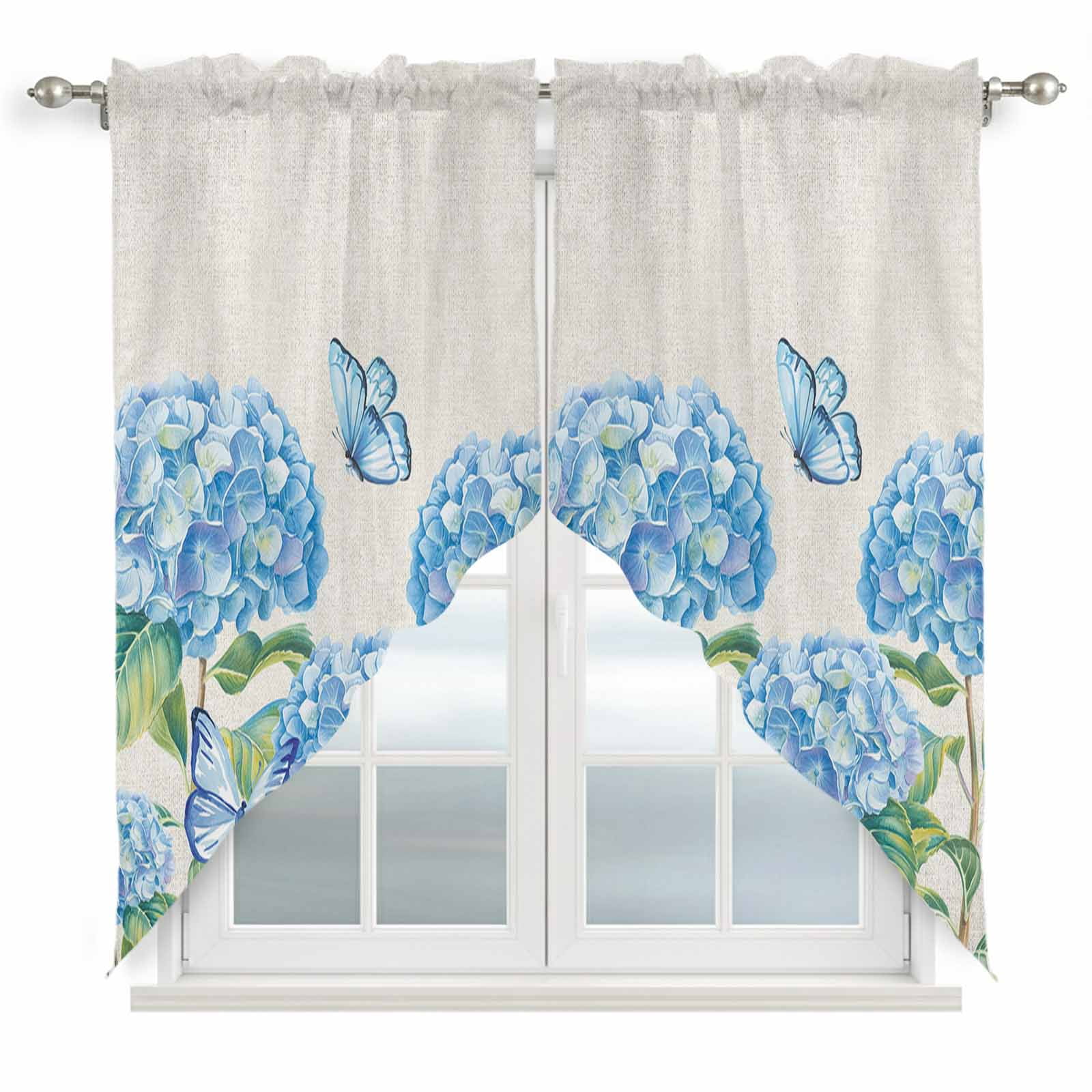 Blue Floral Kitchen Window Curtains, Swag Curtains Valance for Bedroom ...