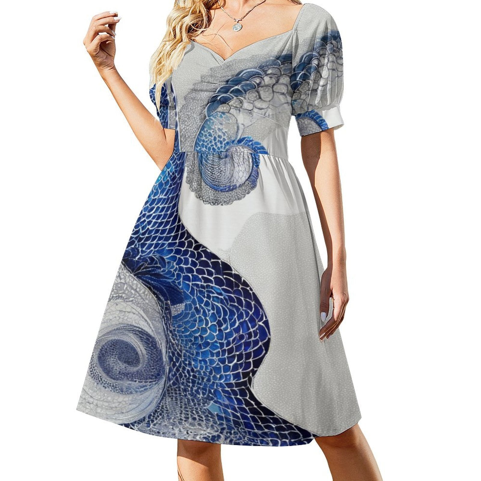 Blue Floral Lace Print Short Sleeve Dress Clothes Women's Summer Dress ...