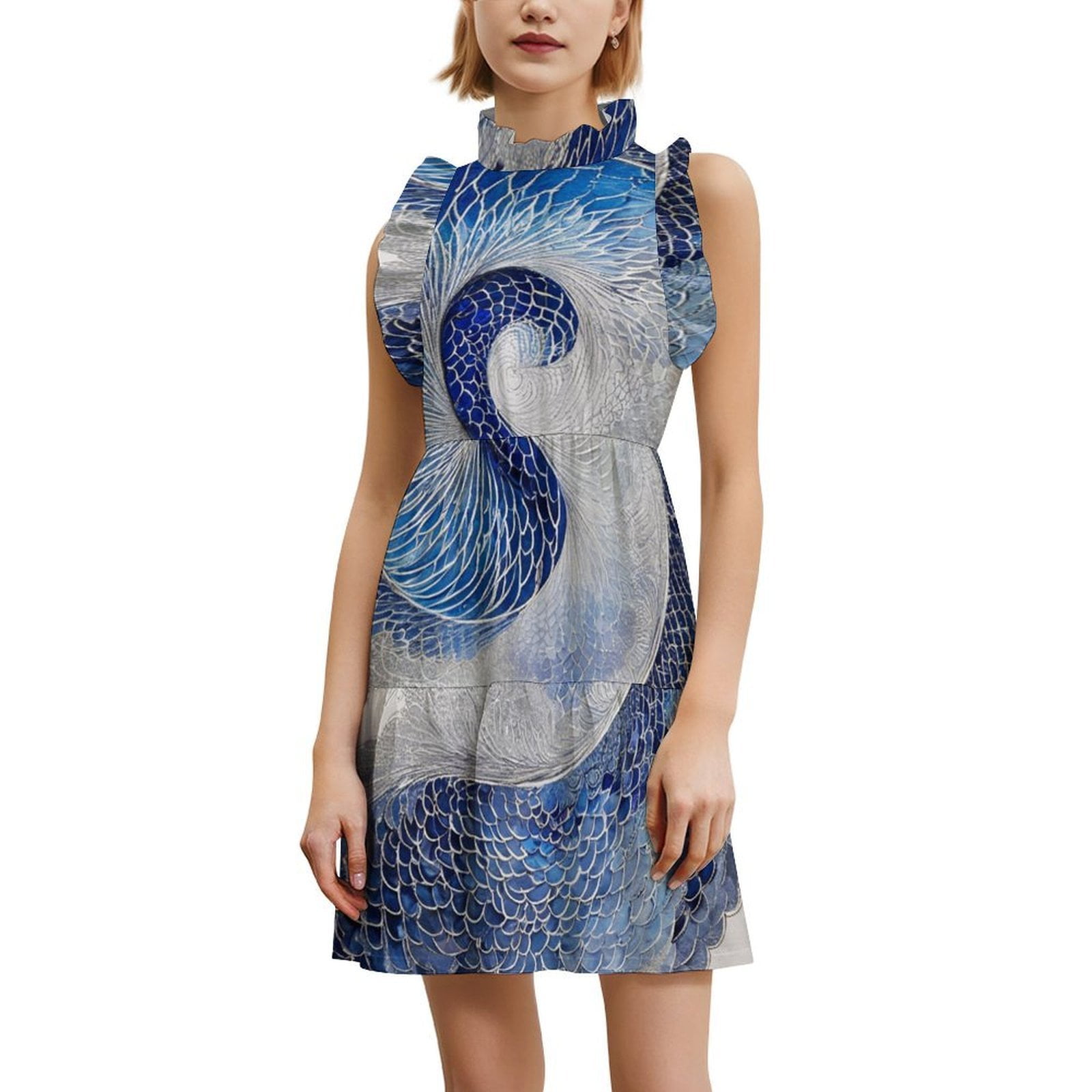 Blue Floral Lace Print Women's Fashion Casual Dress Summer Stand Up ...