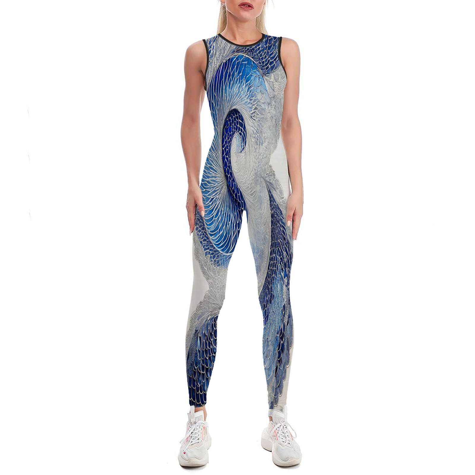 Blue Floral Lace Print Women's One Piece Yoga Jumpsuits Leggings ...