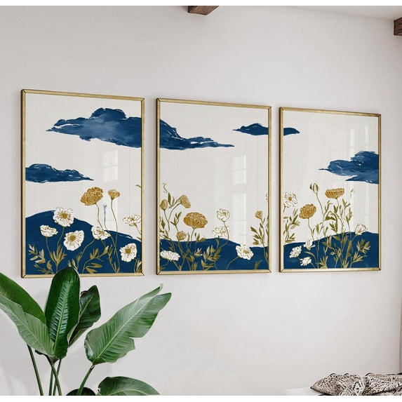 Blue Floral Landscape Botanical Illustration Wall Art Set 3 Stretched ...