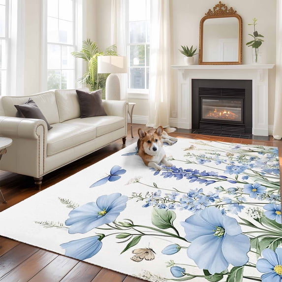 Blue Floral Large Area Rugs 6x9 ft Spring Wildflowers Lavender ...