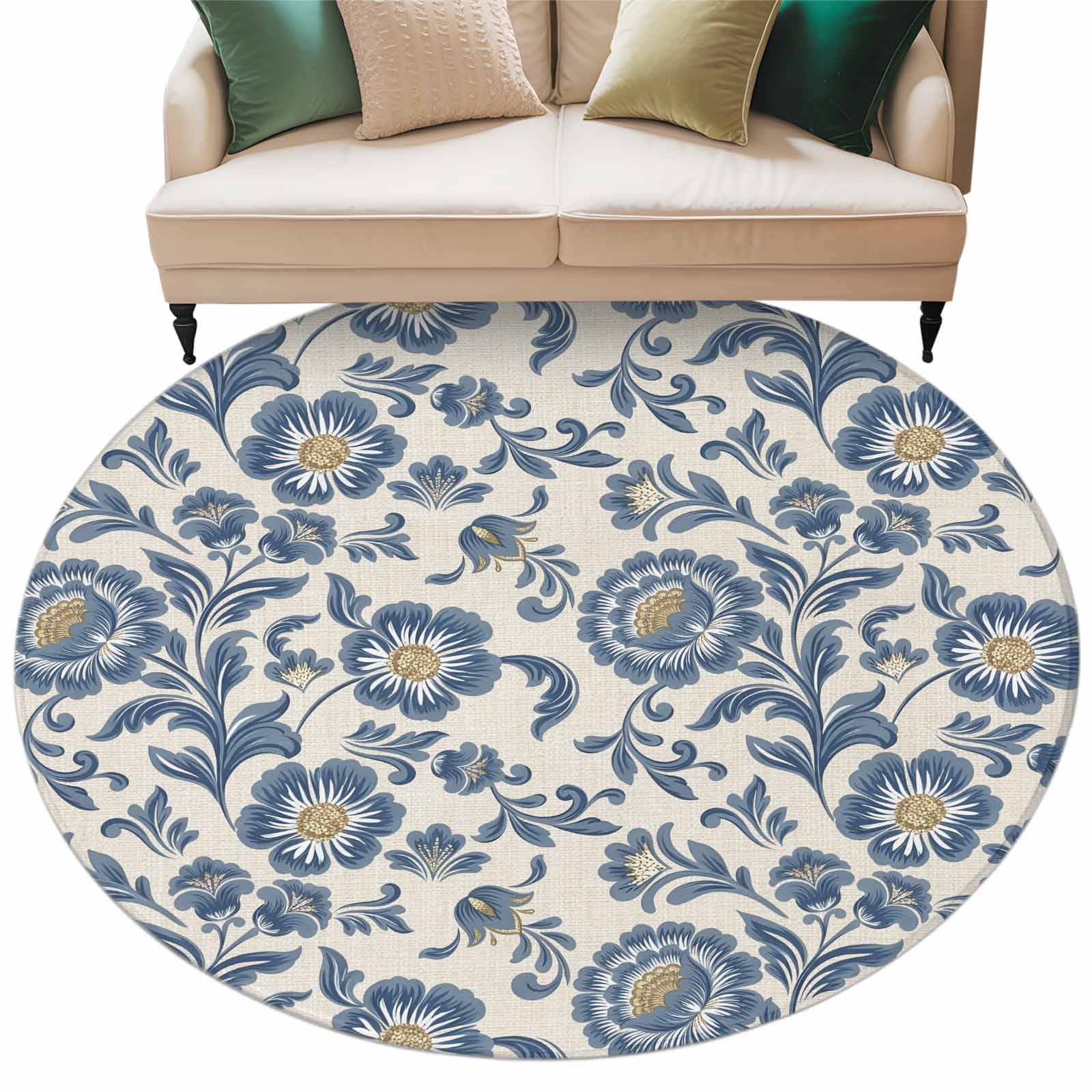 Blue Floral Large Round Rug 8Ft Oriental Traditional Ethnic Flower ...