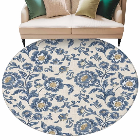 Blue Floral Large Round Rug 8Ft Oriental Traditional Ethnic Flower ...