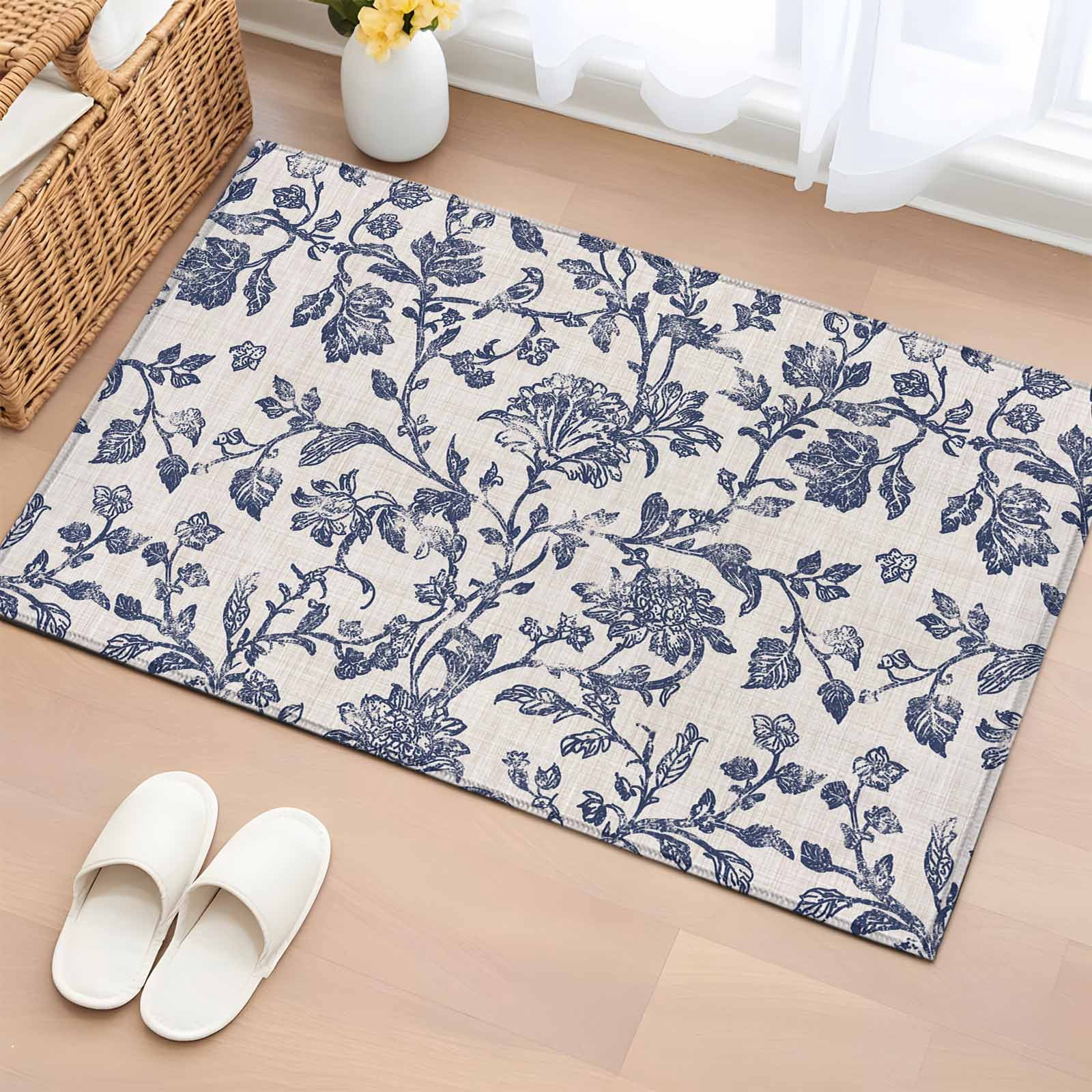 Blue Floral Leaf Bathroom Mats 2x3 FT, Non Slip Small Kitchen Mat ...
