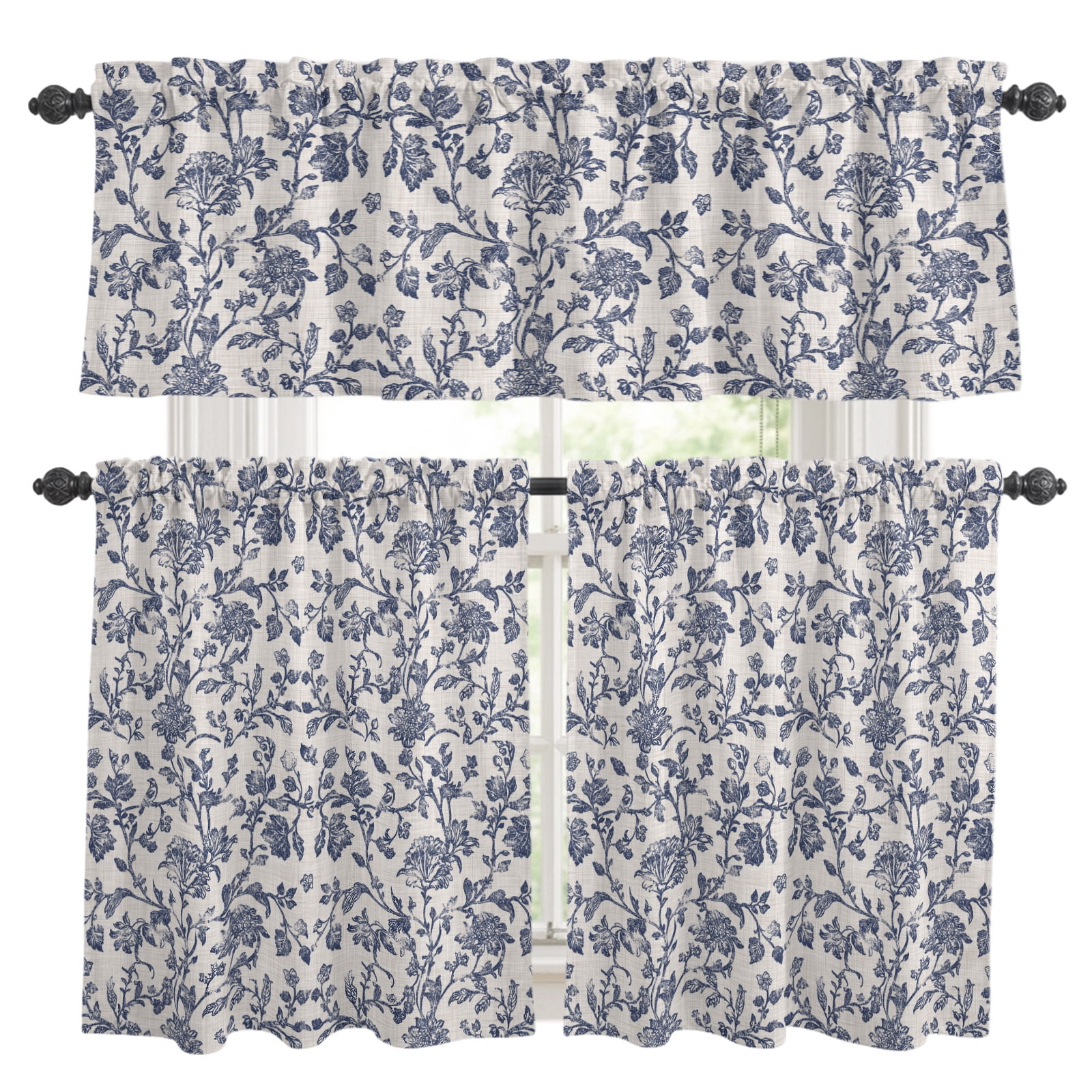 Blue Floral Leaf Kitchen Curtains, Kitchen Curtains and Valances Set of ...