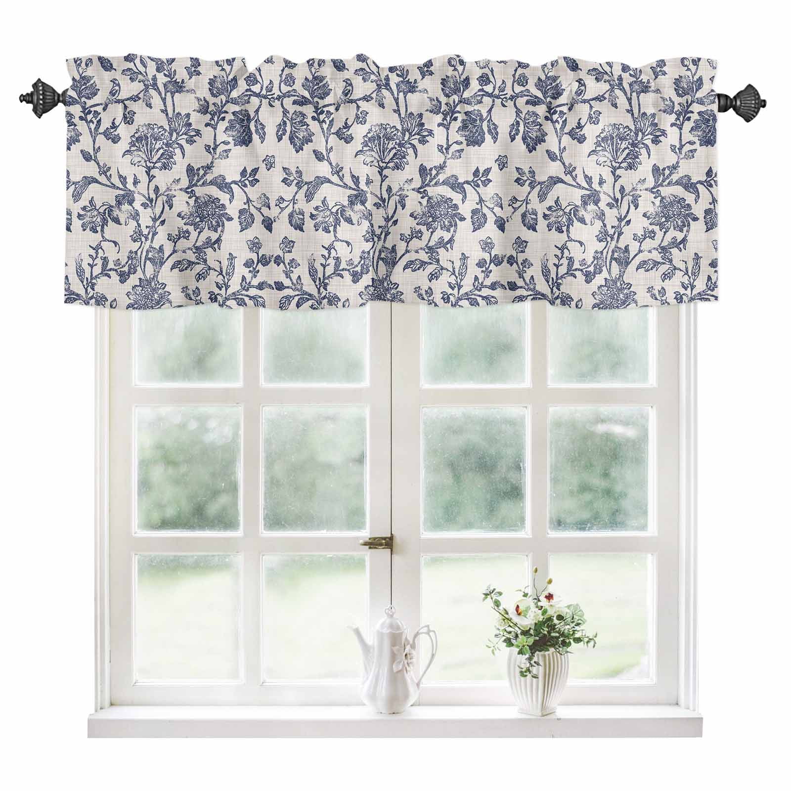 Blue Floral Leaf Kitchen Valances for Windows 42x12 Inch Kitchen ...