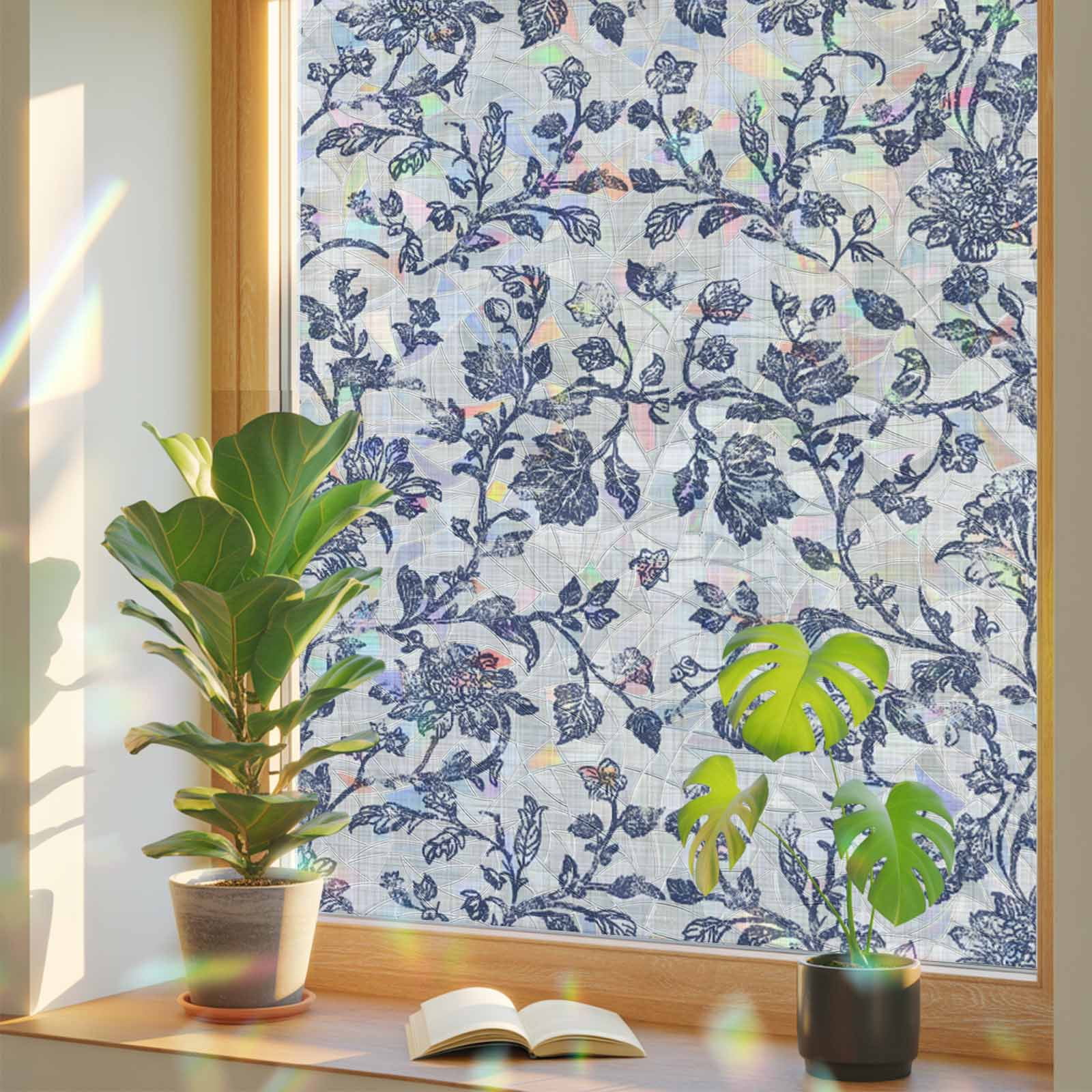 Blue Floral Leaf Privacy Window Film, Decorative Stained Glass Window ...