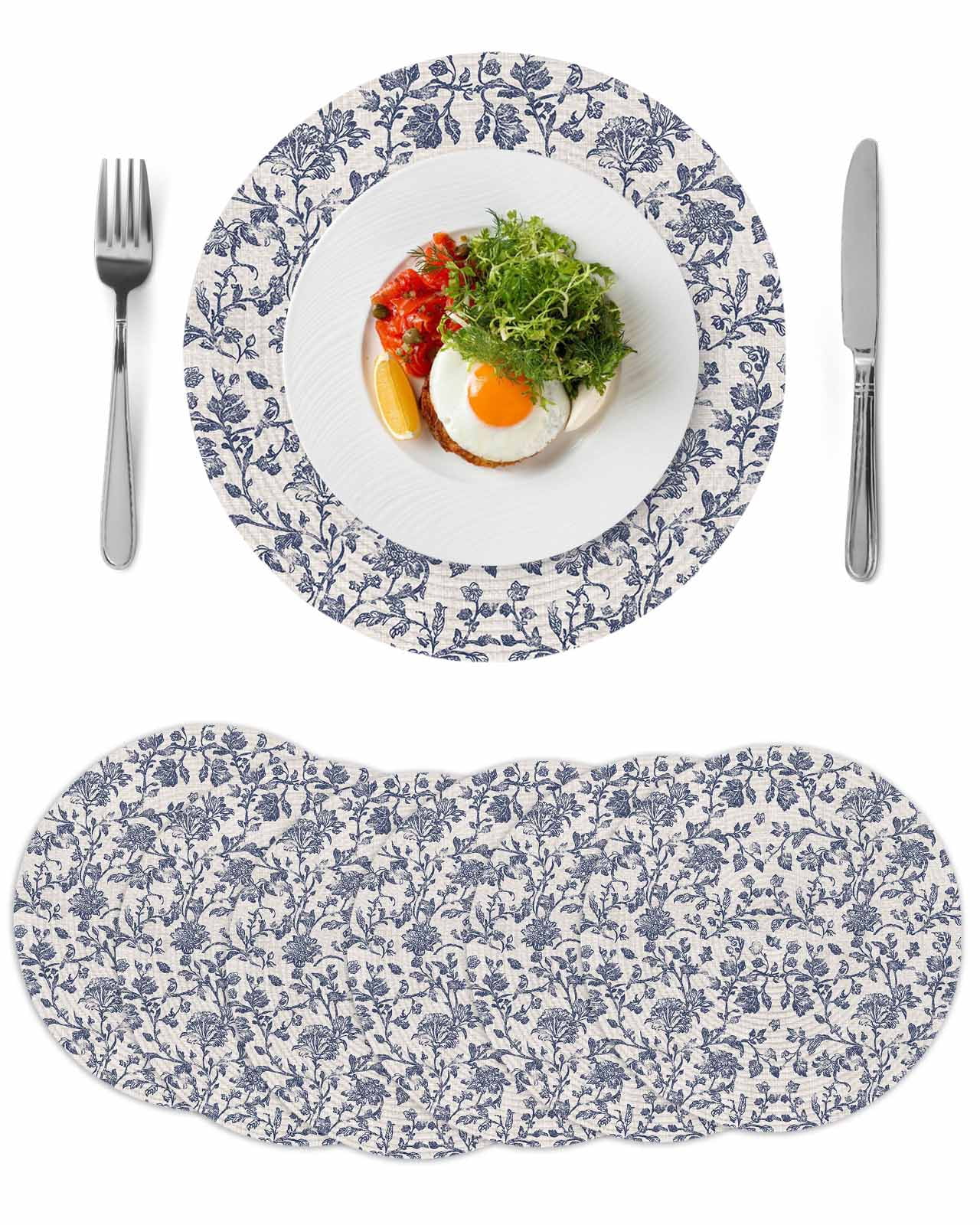 Blue Floral Leaf Round 13 Inch Placemats Set of 6, Retro Farmhouse ...
